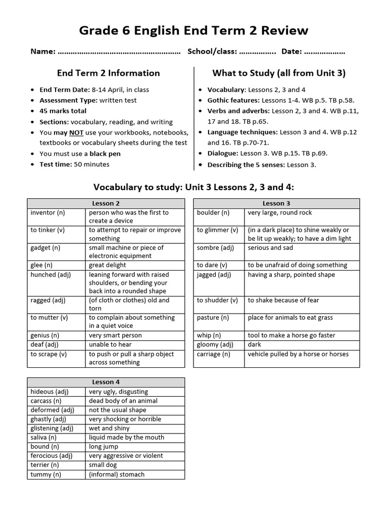 Grade 6 English Review Guide | PDF | Monsters | Gothic Fiction