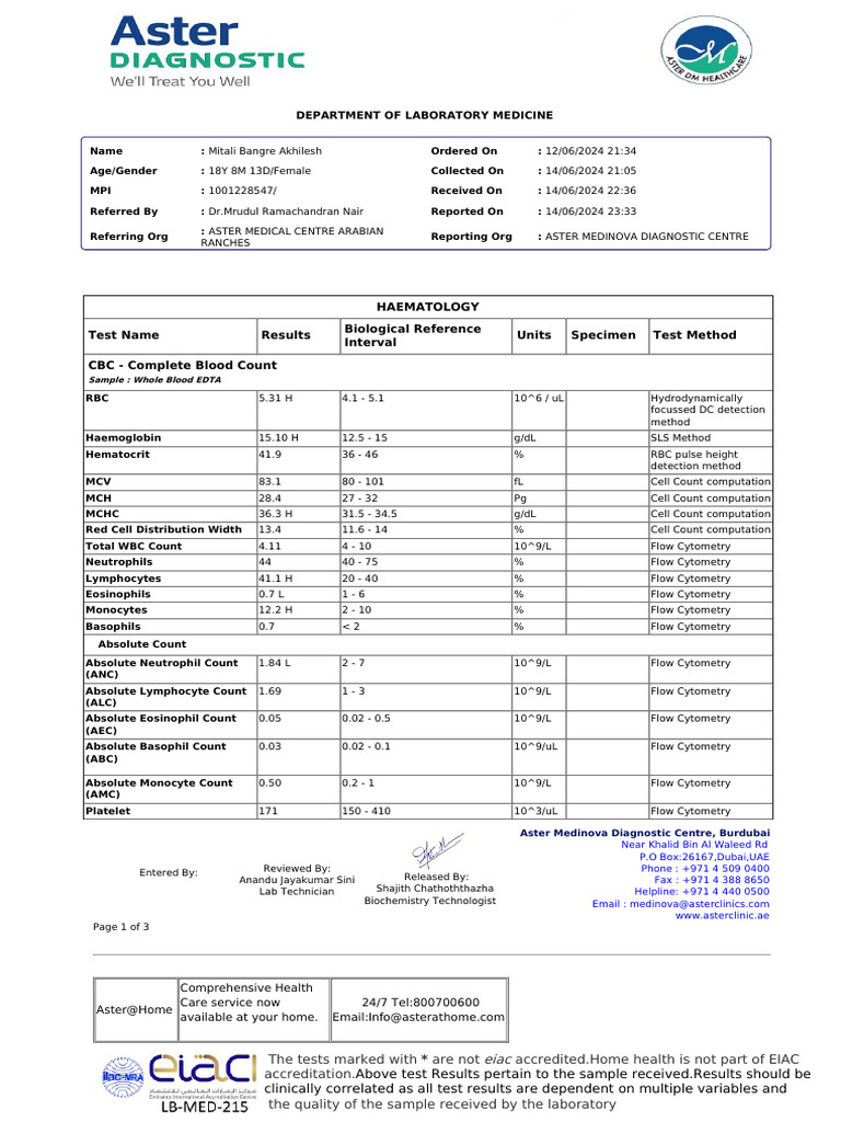 Lab Report 18247294 20240615013633 | PDF | Blood | Hematology