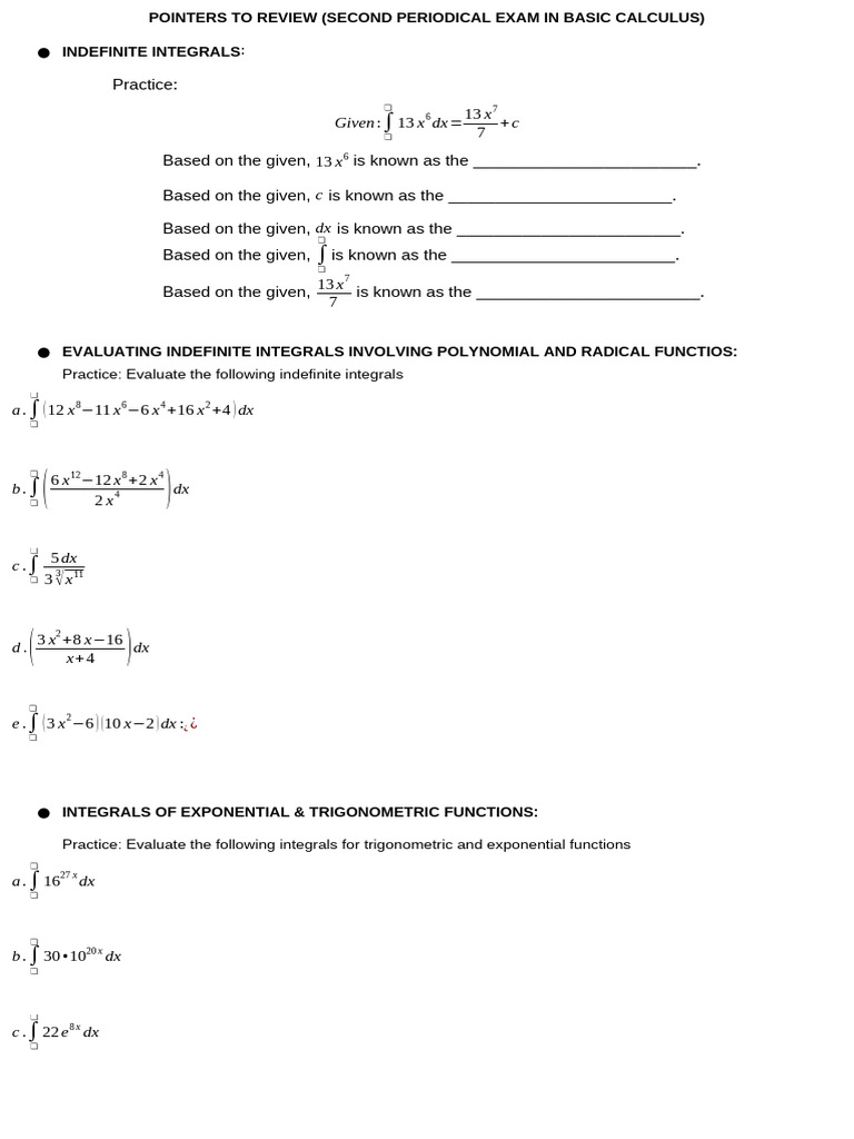 Basic Calculus Exam Review Guide | PDF | Integral | Mathematical Analysis