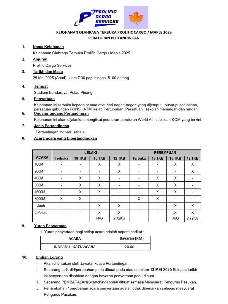 Peraturan Pertandingan Kejohanan Terbuka Prolific Cargo 2025 | PDF