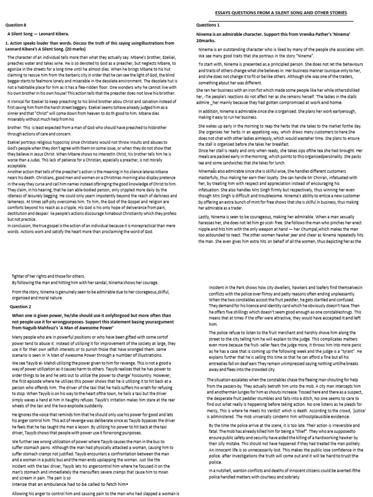 A SILENT SONG - Essay Questions - Booklet | PDF | Jesus