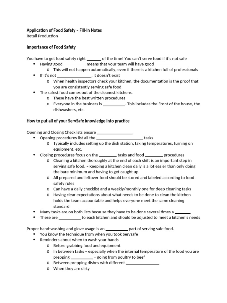 Application of Food Safety - Fill in Notes Blank - RP-1-1 | PDF ...
