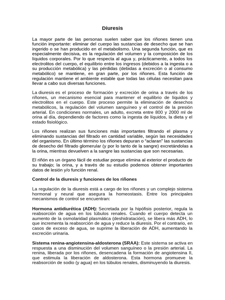 Diuresis: Funciones y Alteraciones Renales | PDF | Riñón | Excreción