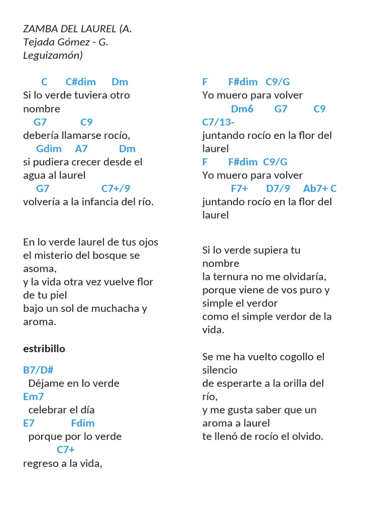 Zamba del Laurel: Letra y Acordes | PDF