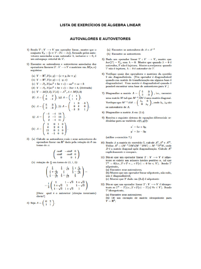 Lista de Exerccios de Lgebra Linear-Avmbvogs (1) | PDF