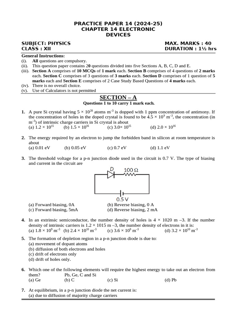 Semiconductor Devices Practice Paper 2024-25 | PDF | P–N Junction ...
