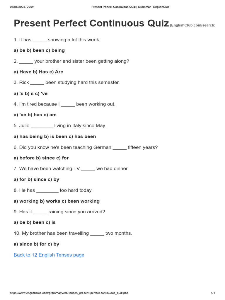 Present Perfect Continuous Quiz - Grammar - EnglishClub | PDF