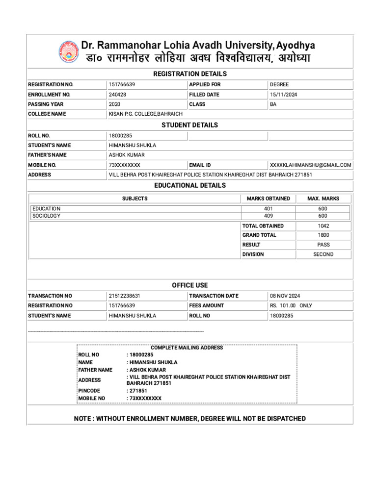 Buddhi Degree Online Receipt | PDF