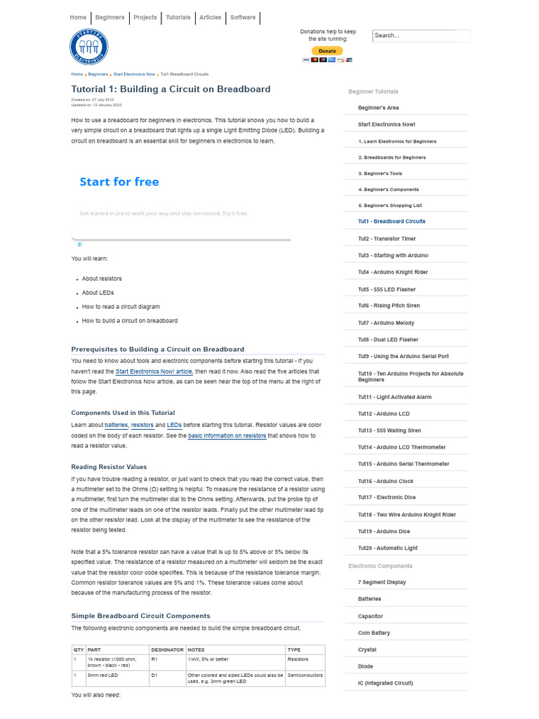 Tutorial 1 - Building A Circuit On Breadboard For Beginners in Electronics | PDF | Electrical ...