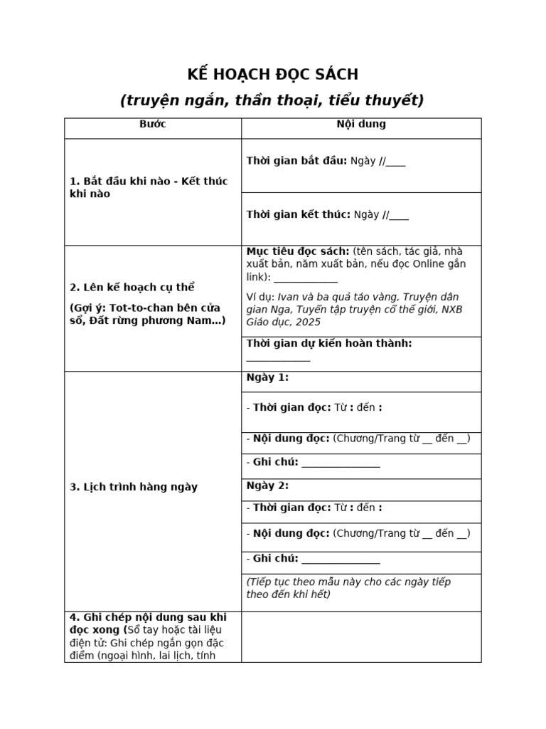Phieu Hoc Tap Ke Hoach Doc Sach | PDF