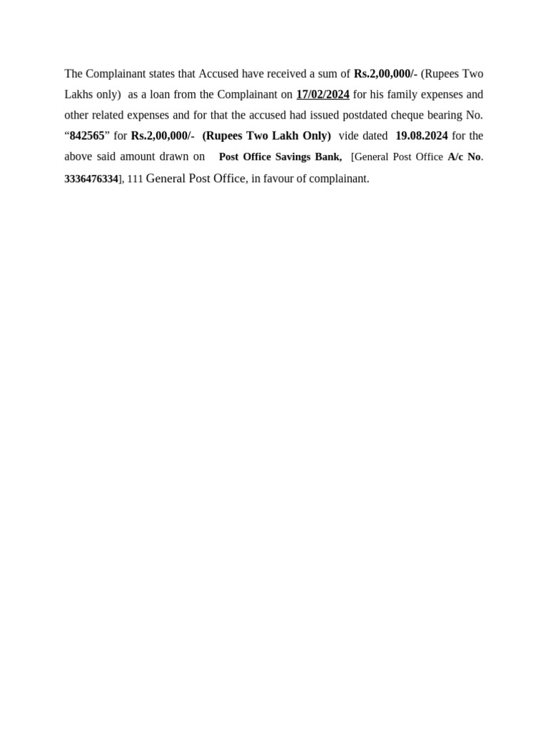 Loan Agreement and Postdated Cheque Details | PDF