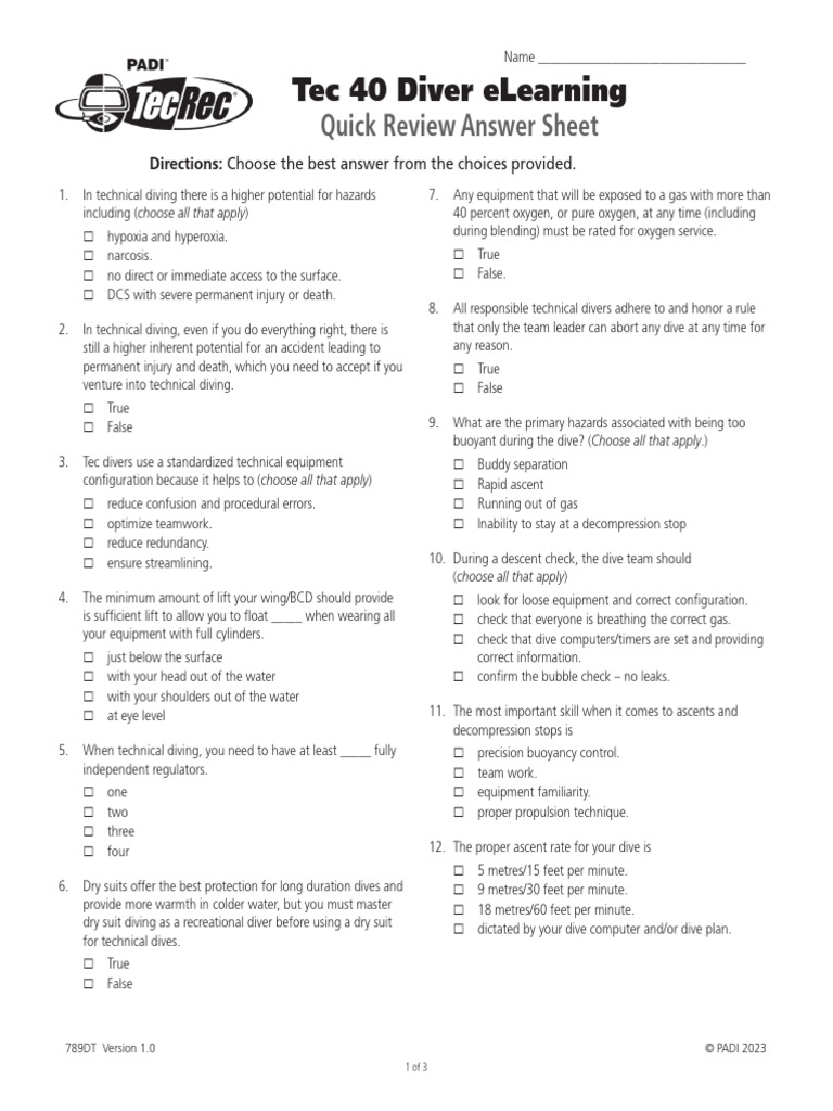 Tec 40 Diver Quick Review Guide | PDF | Scuba Diving | Underwater Diving