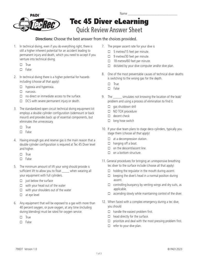 790DT Tec 45 Diver Elearning Quick Review | PDF | Scuba Diving | Underwater Diving