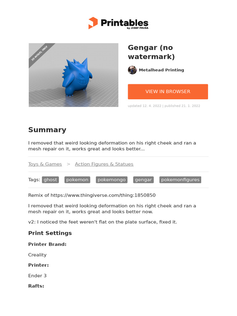 Gengar 3D Model with Mesh Repair | PDF
