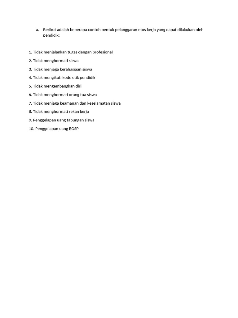 Berikut Adalah Beberapa Contoh Bentuk Pelanggaran Etos Kerja Yang Dapat ...