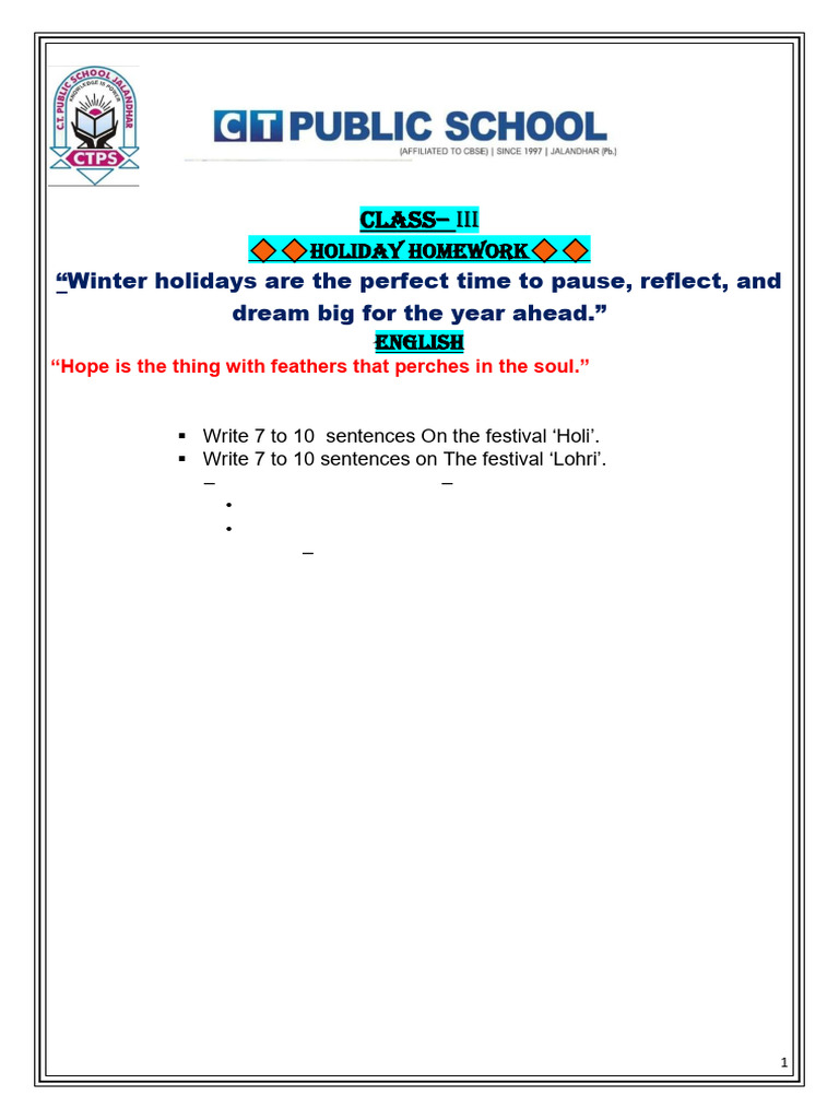 Class 3 Holiday Homework Guide | PDF