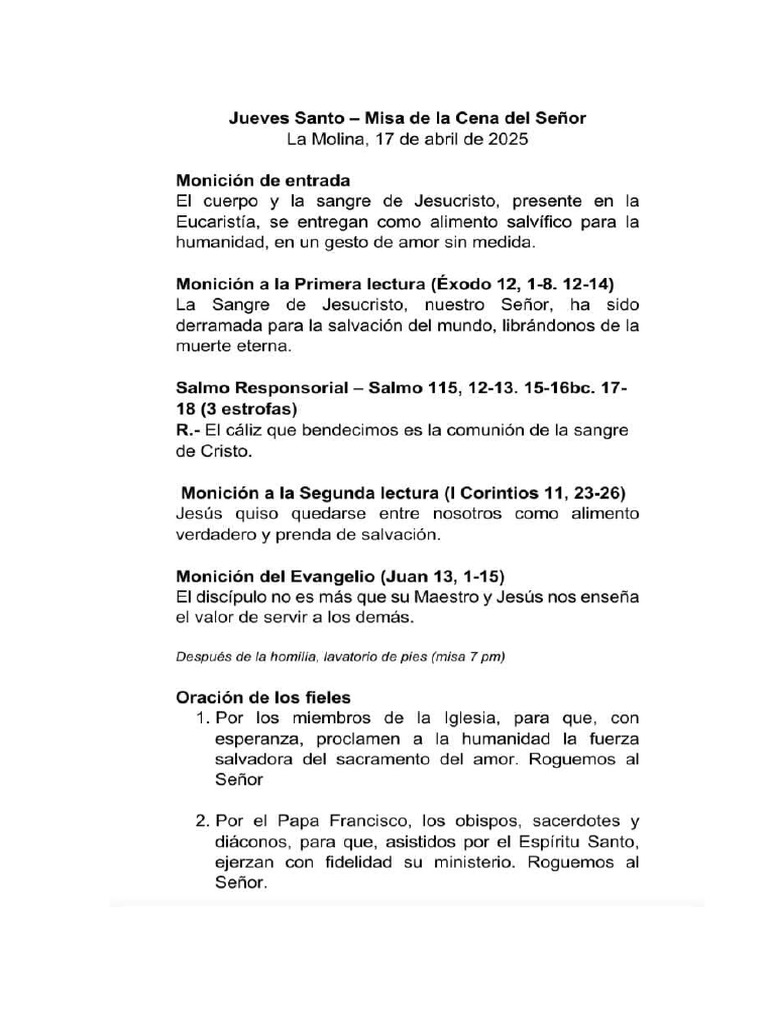Monicion de Jueves Santo 17 de Abril Del 2025 Cena Del Segnor | PDF