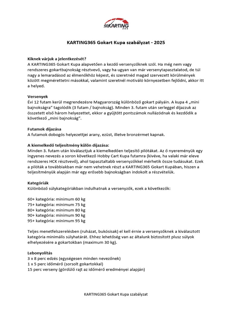 KARTING365 Gokart Kupa Szabalyzat 2025 | PDF