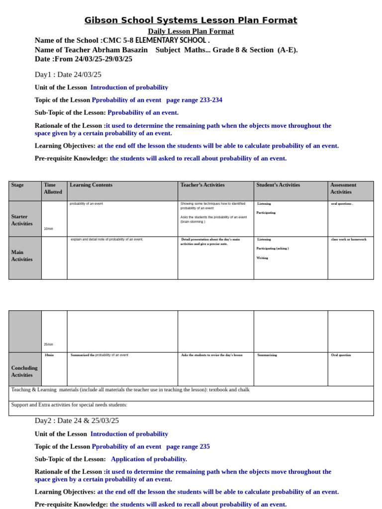 8th Grade Probability Lesson Plan | PDF | Learning | Teachers