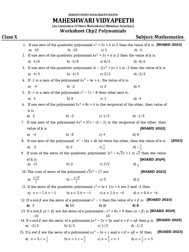 CHP 2 Worksheet | PDF | Zero Of A Function | Polynomial