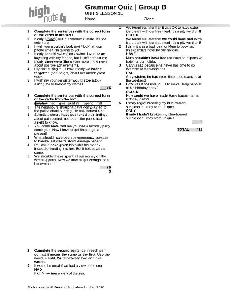 HighNote4 Grammar Quiz Unit09E GroupB | PDF