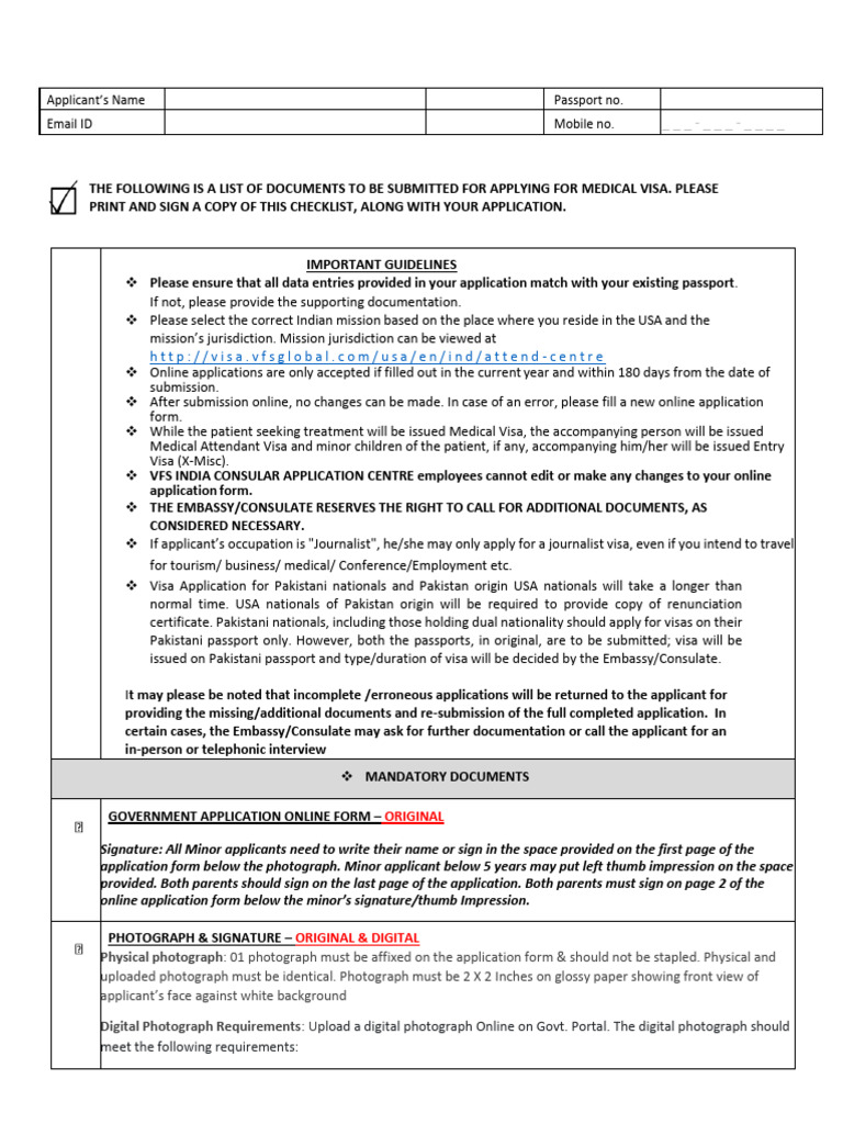 Medical Visa Application Document Checklist | PDF | Travel Visa | Passport