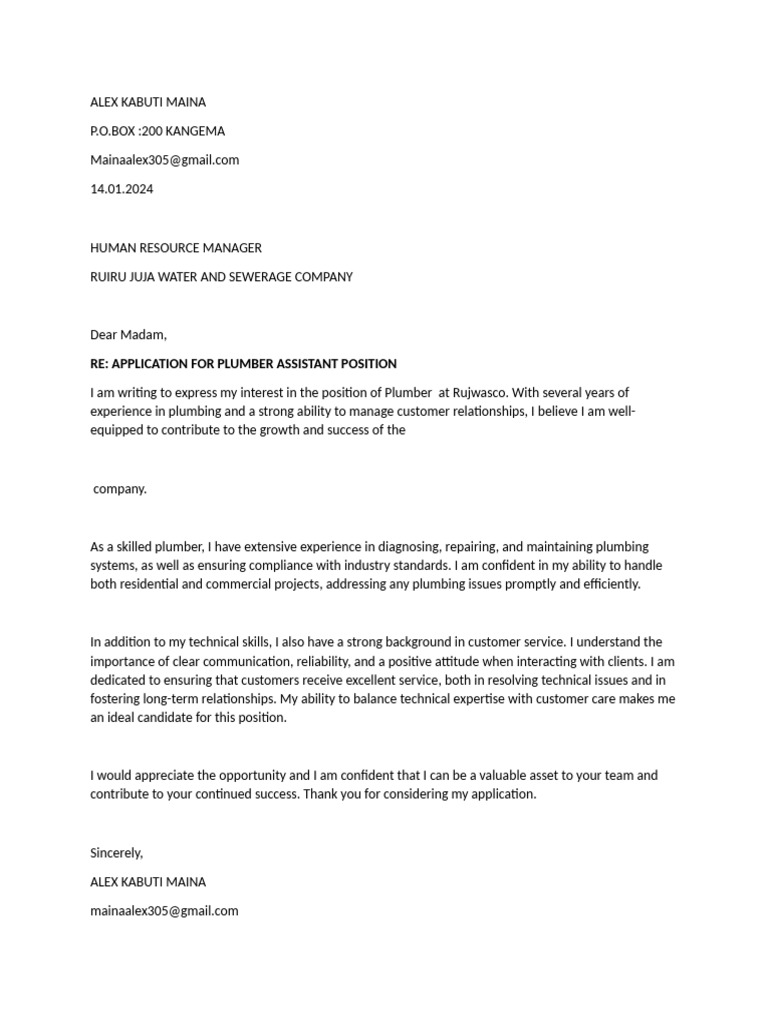 Application for Plumber Assistant Position | PDF