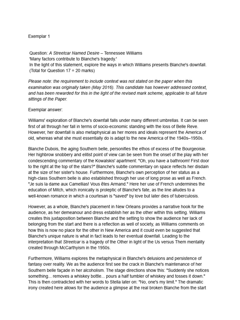 Streetcar Essay Exemplar 1 | PDF