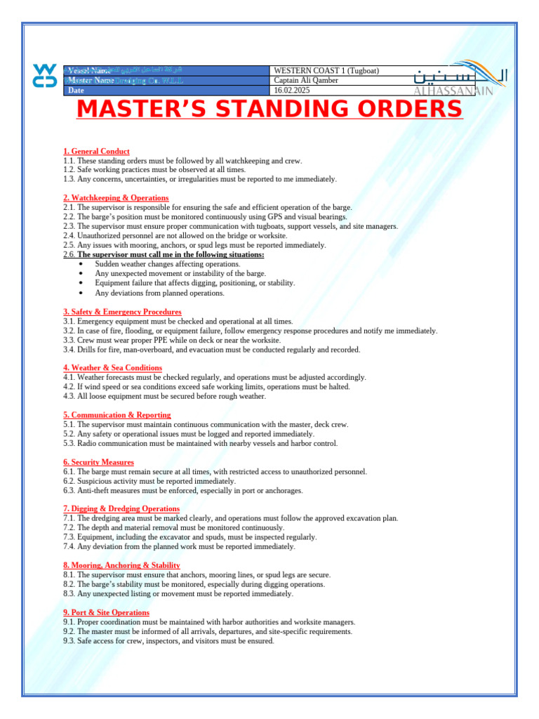 Master's Standing Orders - (16-02-2025) | PDF | Dredging | Anchor