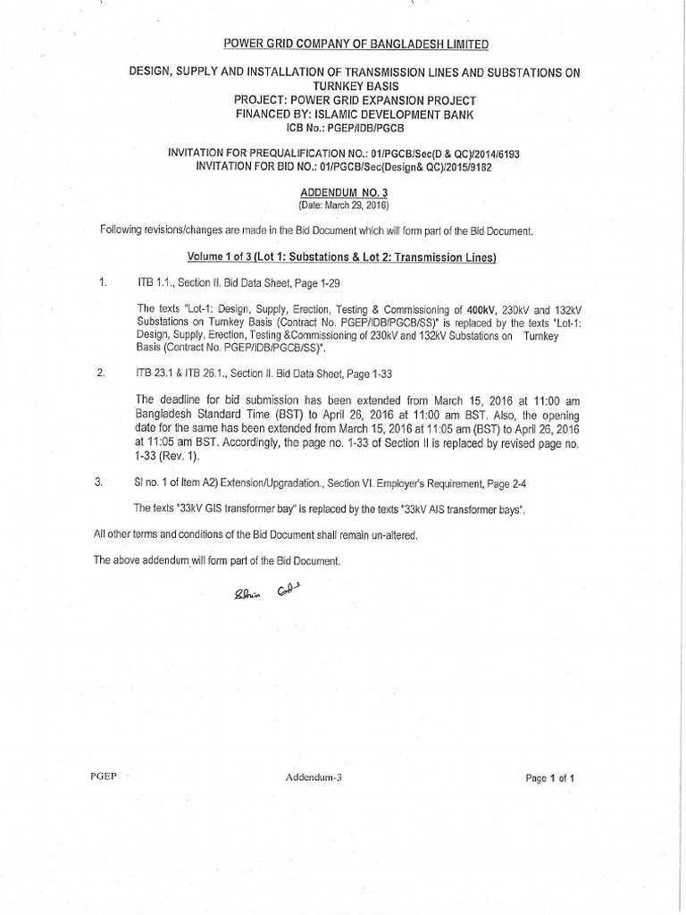 Clarification 3 and Addendum 3 (Lot 1 Substation) Part1 | PDF