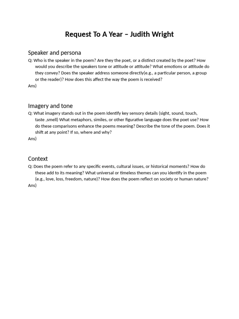 Judith Wright's "Request To A Year" Analysis | PDF