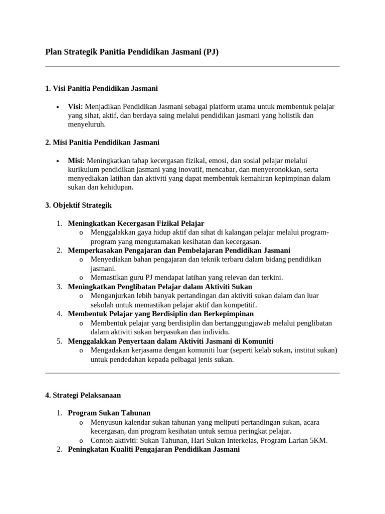 Plan Strategik Panitia Pendidikan Jasmani | PDF
