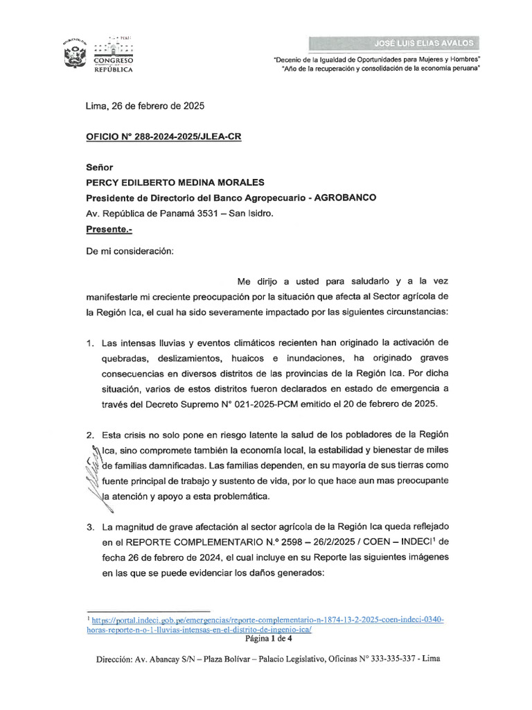 Oficio N° 288-2024-2025-JLEA-CR. AGROBANCO[R] | PDF