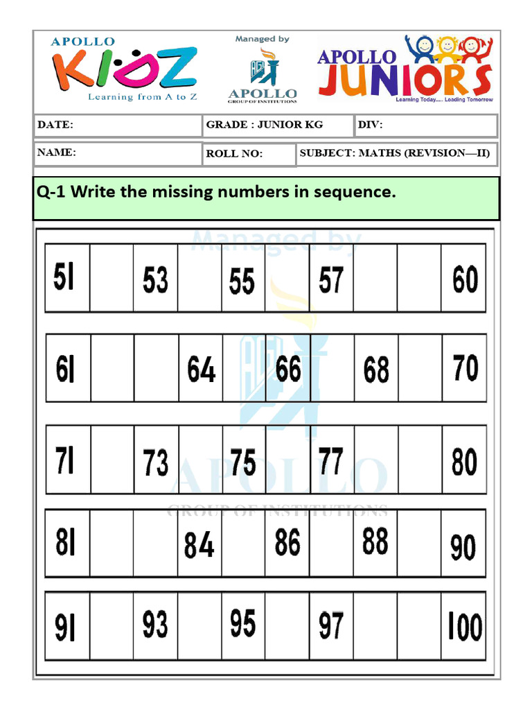 Missing Numbers Worksheet for Junior KG | PDF