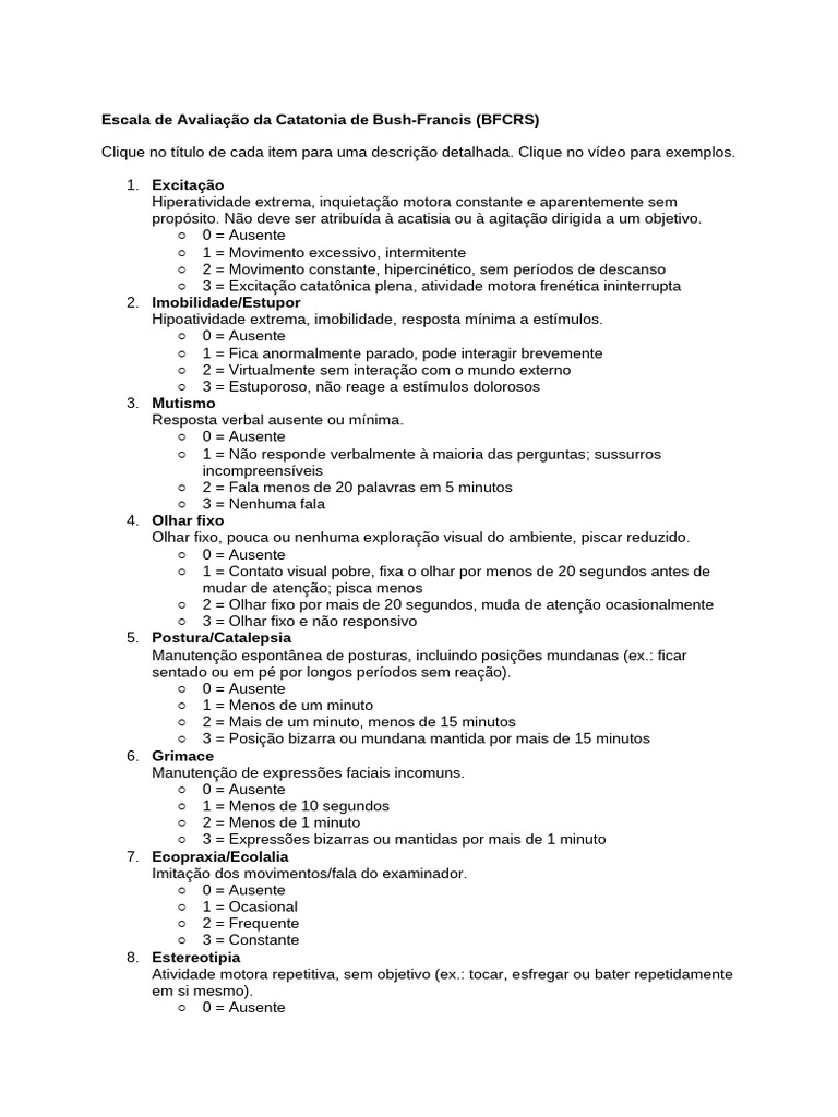 Escala de Avaliação da Catatonia de Bush-Francis (BFCRS) | PDF