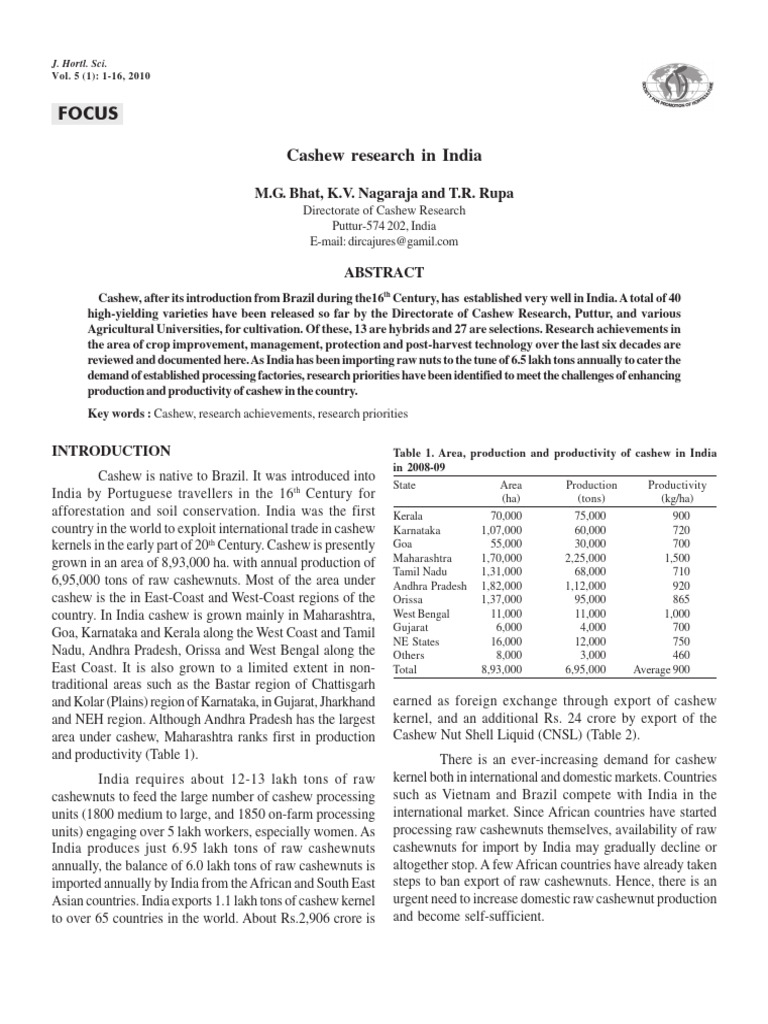 Bhat, Nagaraja, Rupa - 2010 - Cashew Research in India | PDF | Pest (Organism) | Soil