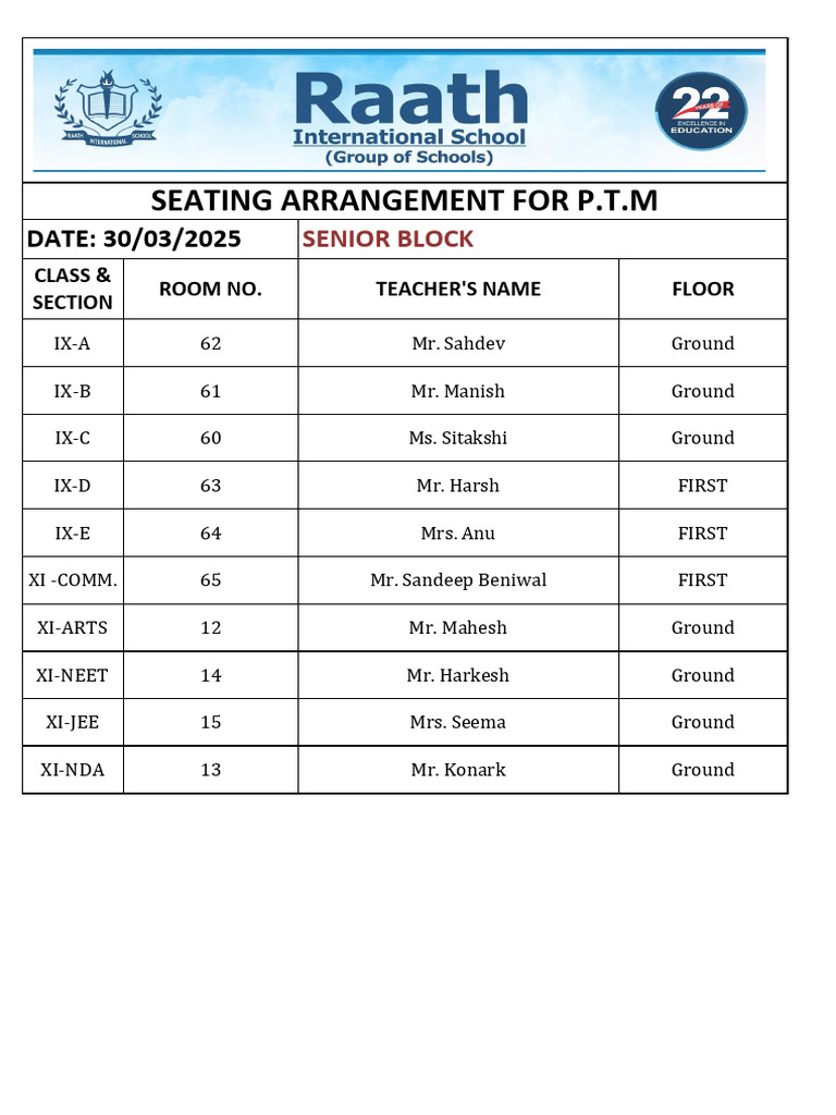 PTM Seating Plan Senior Wing (1) .XLSX Updated | PDF