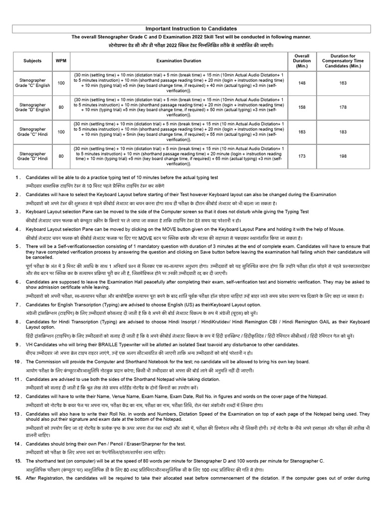 SSC Steno Skill Test Instructions | PDF