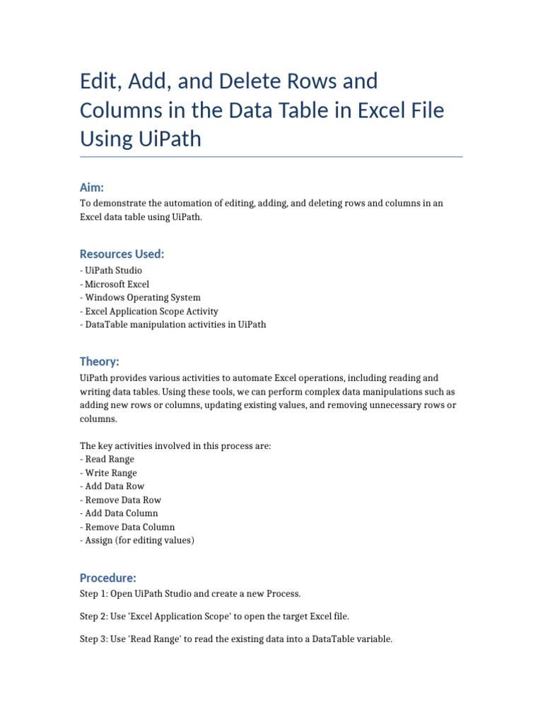 Edit_Add_Delete_Excel_UiPath | PDF