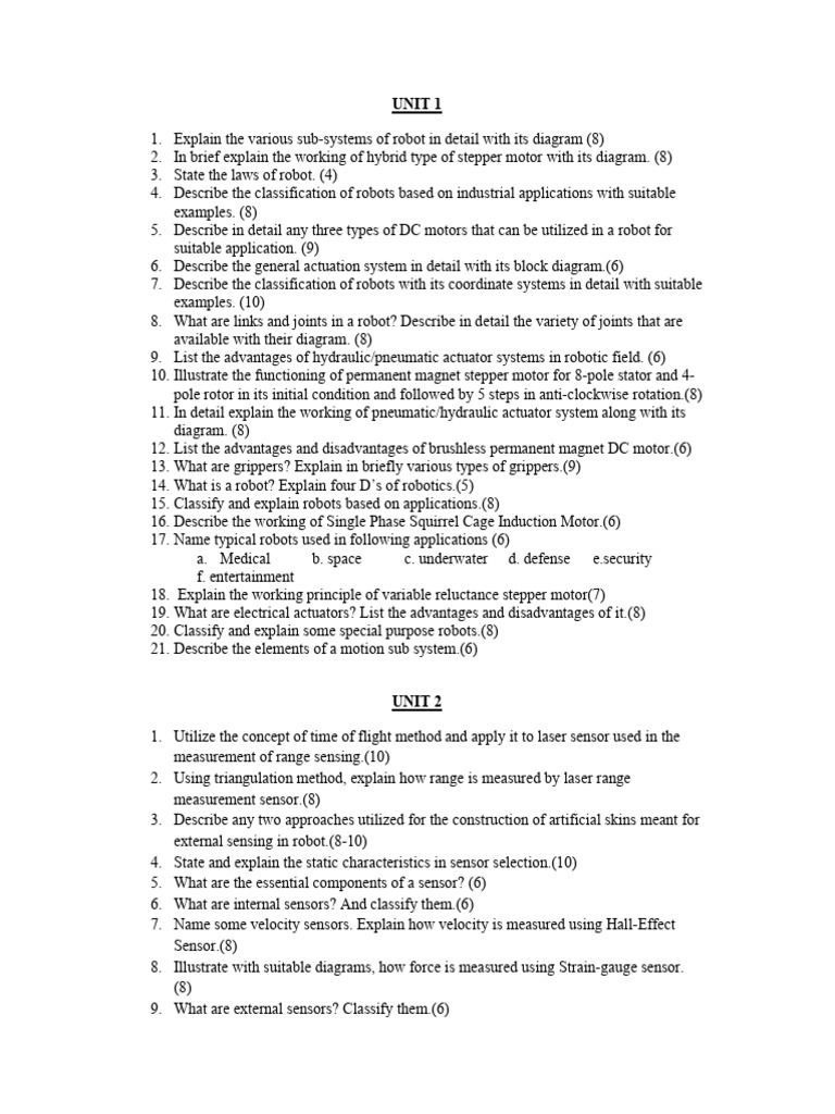 Robotics Unit1,2 Question Bank | PDF | Electric Motor | Sensor
