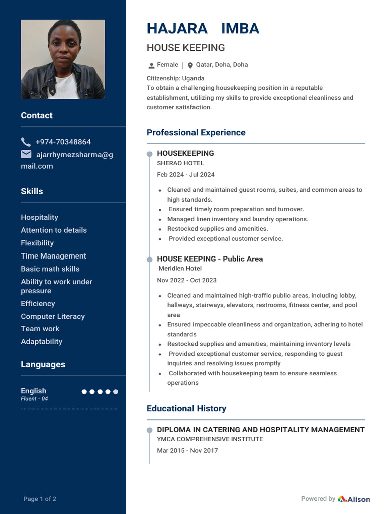 Housekeeping Resume for Hajara Zimba | PDF