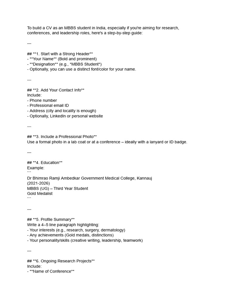 To Build A CV As An MBBS Student in India, Especially If You'Re Aiming ...