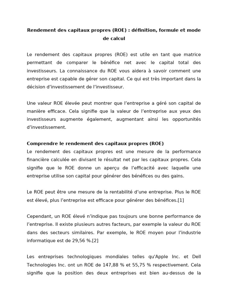 Comprendre le ROE : définition et calcul | PDF | Capitaux propres ...