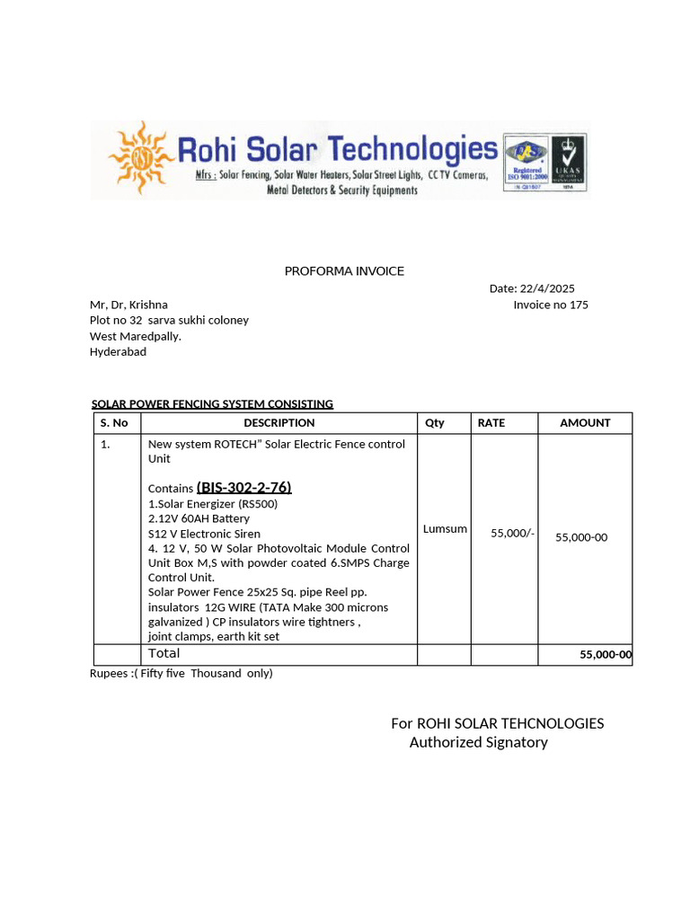Proforma Invoice for Solar Fencing System | PDF