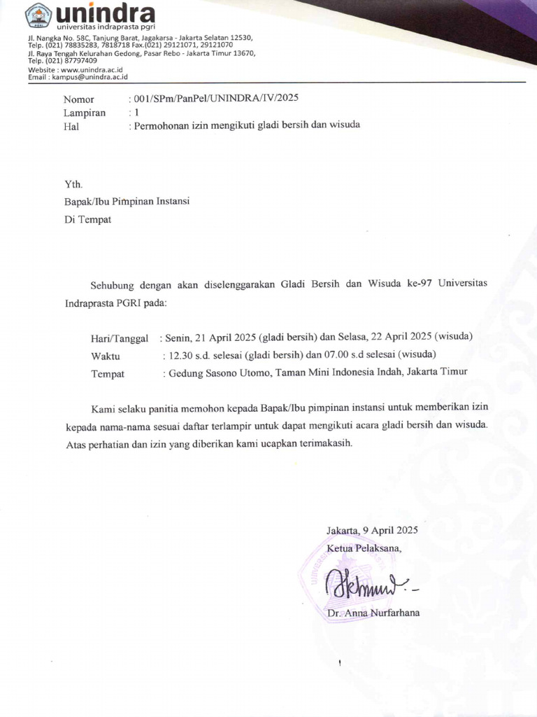 Surat Izin Mengikuti Wisuda 97 Unindra | PDF