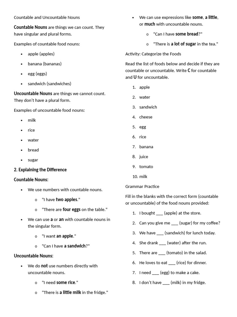 Countable vs Uncountable Nouns Guide | PDF | Noun | Plural