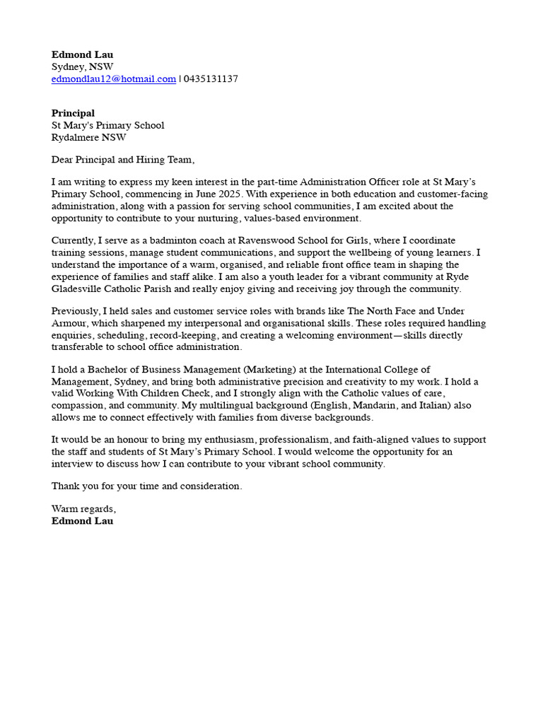 Cover Letter For ST Mary's | PDF