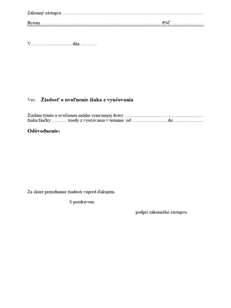 Ziadost o Uvolnenie z Vyucovania | PDF