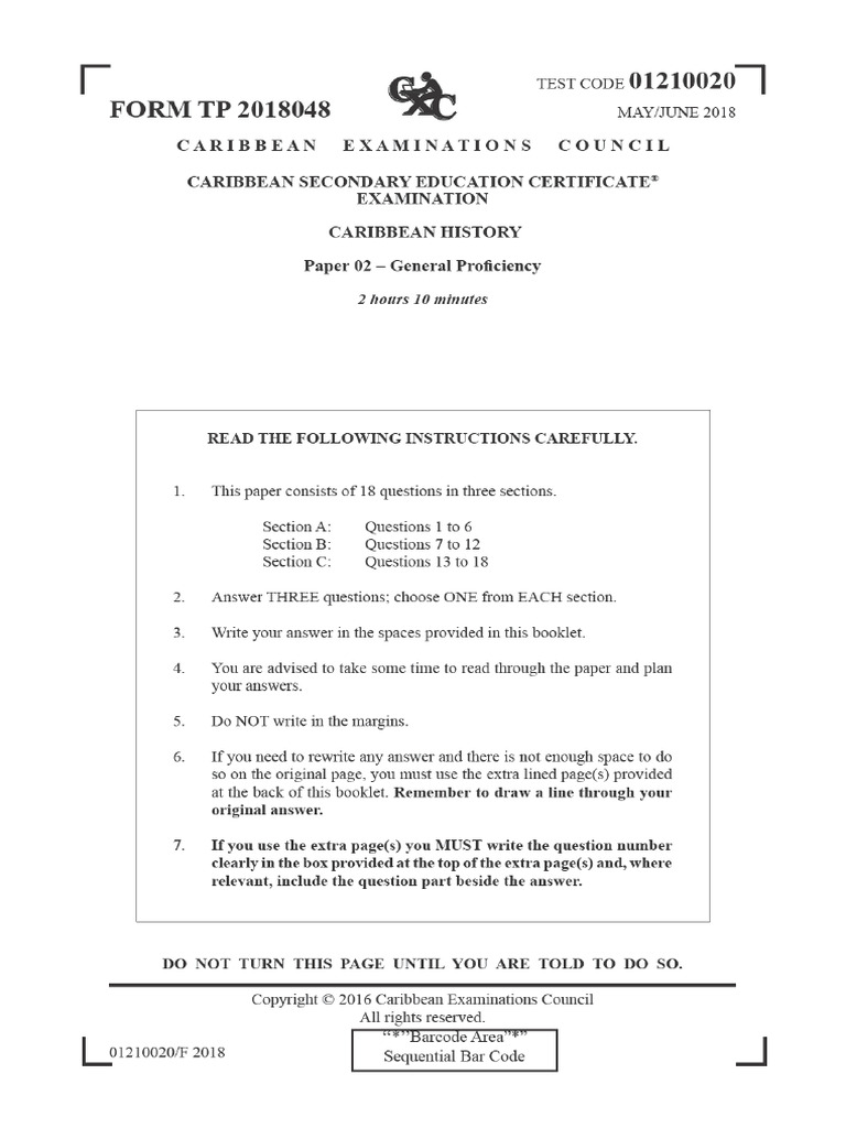 CSEC Caribbean History P2 2018 MJ | PDF | Barcode | Slavery
