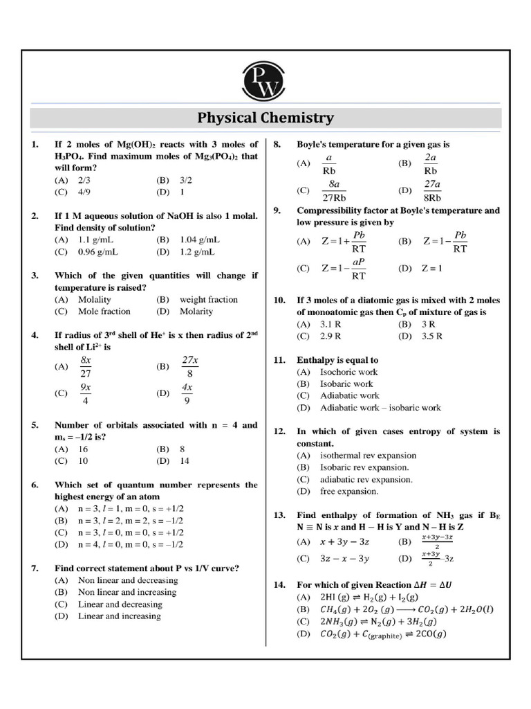 Physical Chemistry Question Bank | PDF